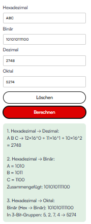 Hexadezimalrechner - für Hex Binär und Dezimalzahlen
